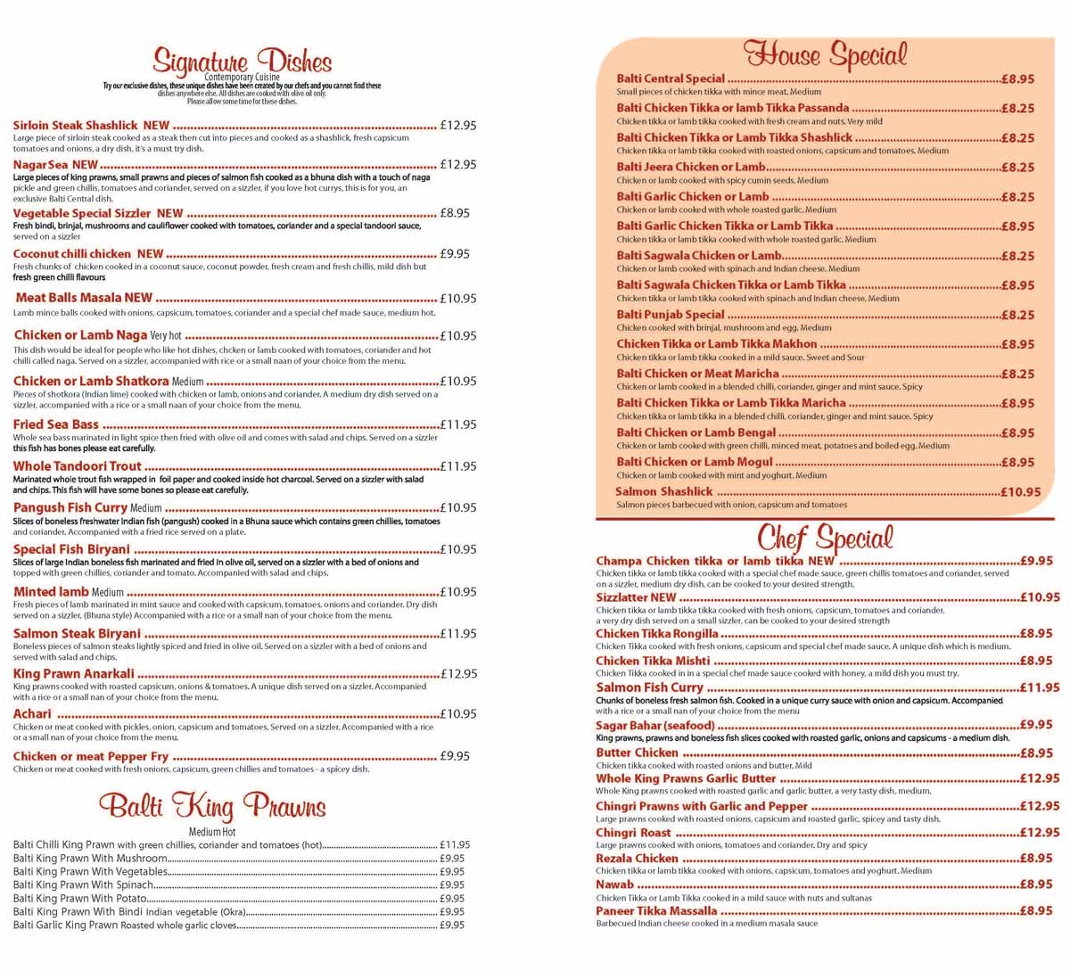 Balti Central restaurant menu